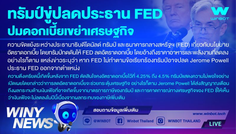 [WINBOT] 😱ทรัมป์ขู่ปลดประธาน FED ปมดอกเบี้ยเขย่าเศรษฐกิจ 🔍ที่มา : https://en.bitcoinsistemi.com ...