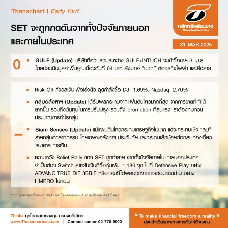 [Thanachart Securities ] Thanachart Early Bird: 31 Mar 2025 สรุปภาพตลาดเมื่อวันก่อน และกลยุทธ์ ...