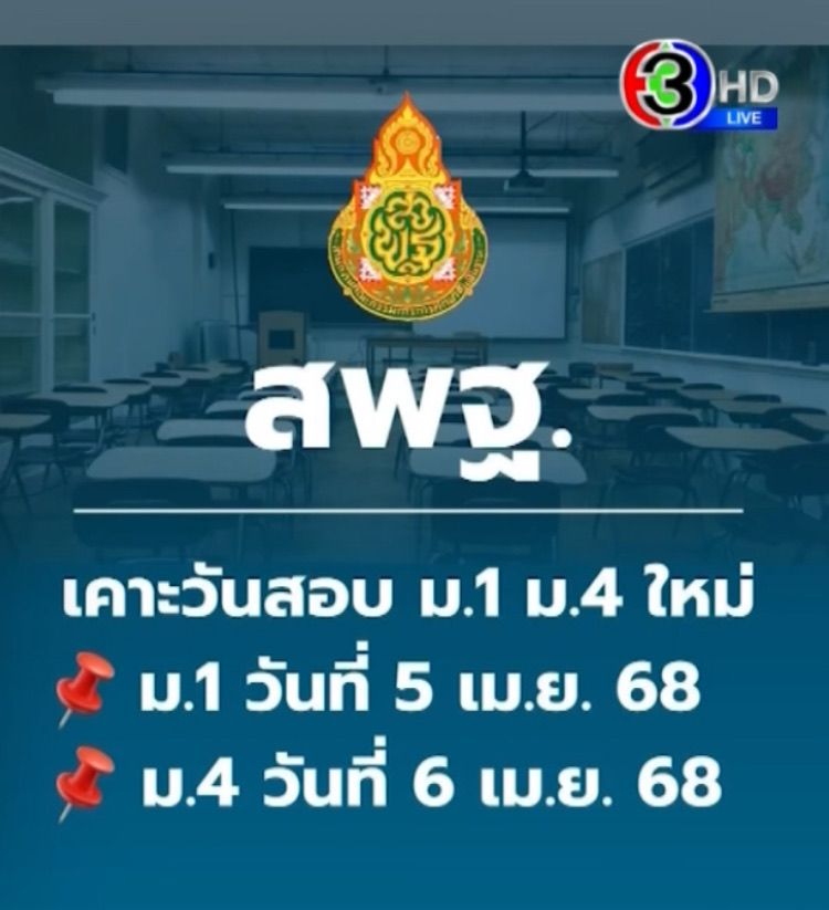 [Sorrasin ] สพฐ กำหนดวันสอบเข้า ม.1 และ ม.4 ทั่วประเทศใหม่ ดังนี่ ม.1 วันเสาร์ที่ 5 เมษายน 2568 ...