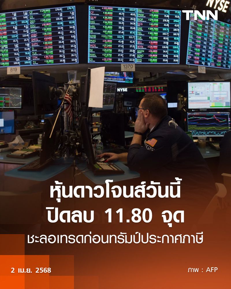 [TNN ONLINE] หุ้นดาวโจนส์วันนี้ 2 เม.ย. 68 ปิดลบ 11.80 จุด จับตาทรัมป์ประกาศมาตรการภาษีศุลกากร ...