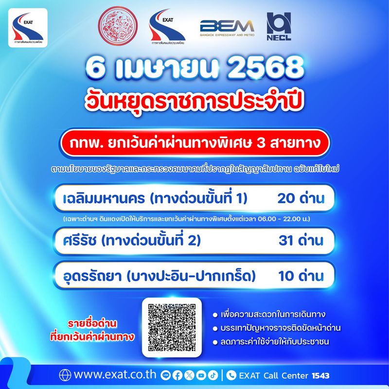 [CHANHEintomagazing] กทพ. ยกเว้นค่าผ่านทางพิเศษ 3 สายทาง วันที่ 6 เมษายน 2568 เนื่องในวันจักรี ...