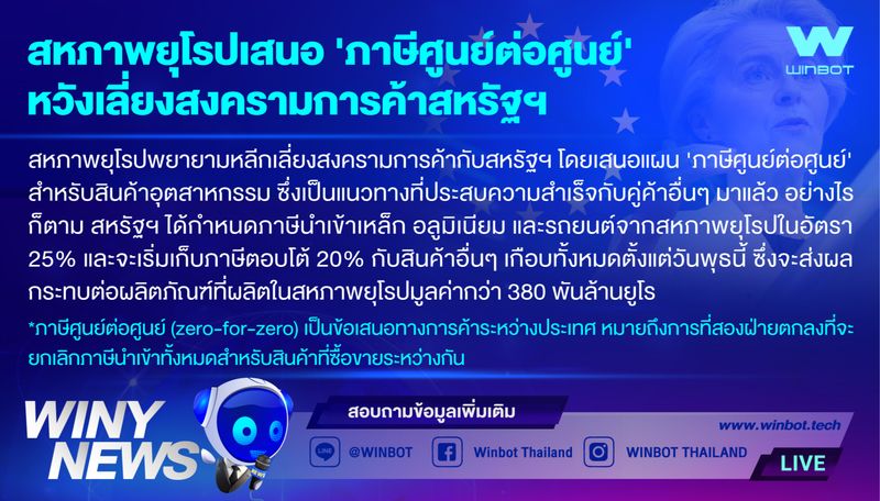 [WINBOT] 📌สหภาพยุโรปเสนอ 'ภาษีศูนย์ต่อศูนย์' หวังเลี่ยงสงครามการค้าสหรัฐฯ 🔍ที่มา : https://www ...