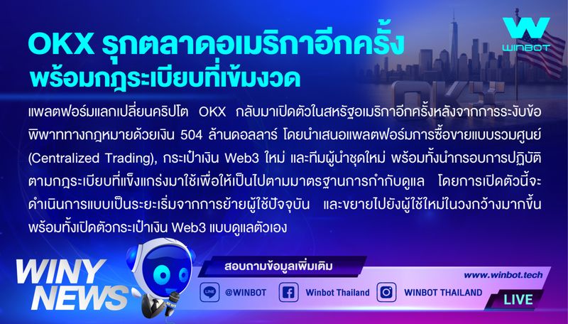 [WINBOT] 📢 OKX รุกตลาดอเมริกาอีกครั้ง พร้อมกฎระเบียบที่เข้มงวด 🔍ที่มา : https://cryptoslate.com ...
