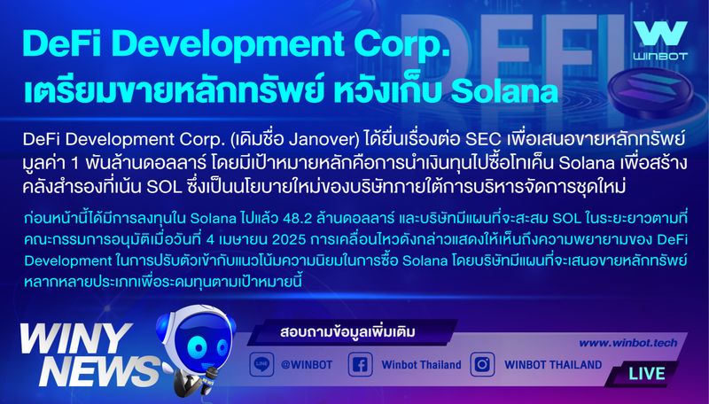 [WINBOT] 🔔 DeFi Development Corp. เตรียมขายหลักทรัพย์ หวังเก็บ Solana 🔍ที่มา : https://www ...
