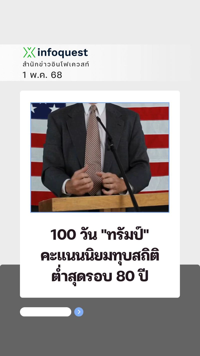 [InfoQuestNews - สำนักข่าวอินโฟเควสท์] 100 วัน "ทรัมป์" คะแนนนิยมทุบสถิติต่ำสุดรอบ 80 ปี