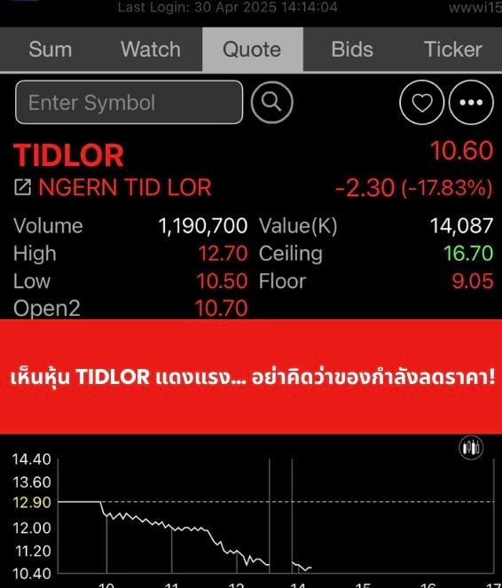 [หุ้นพอร์ทระเบิด] 🚨เห็นหุ้น TIDLOR แดงแรง… อย่าคิดว่าของกำลังลดราคา! วันนี้หุ้น เงินติดล้อ ...
