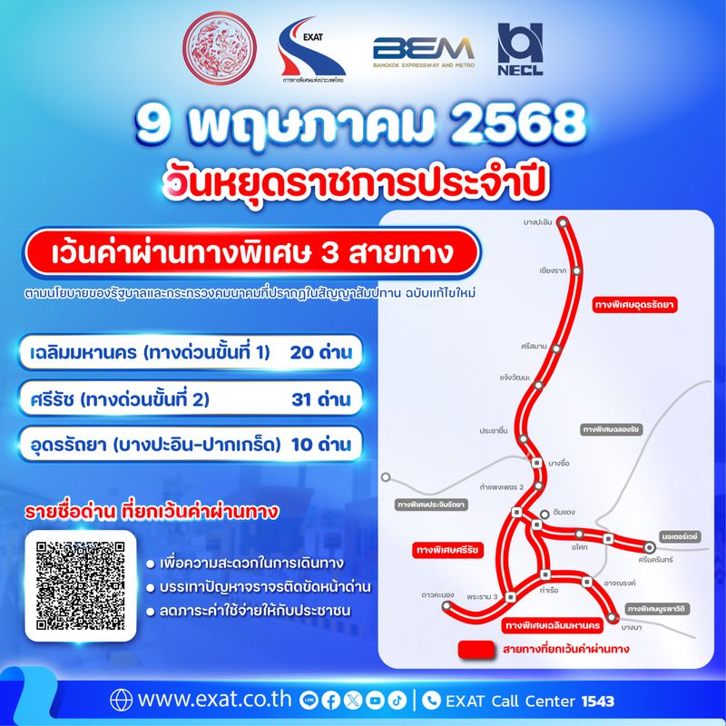 [Sutthikhun Kongthong] 9 พฤษภาคม 2568 กทพ. ยกเว้นค่าผ่านทางพิเศษ 3 สายทาง https://www ...