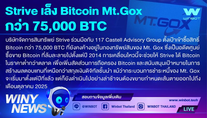 [WINBOT] 🔔Strive เล็ง Bitcoin Mt. Gox กว่า 75,000 BTC 🔍ที่มา : https://cryptoslate.com/strive ...