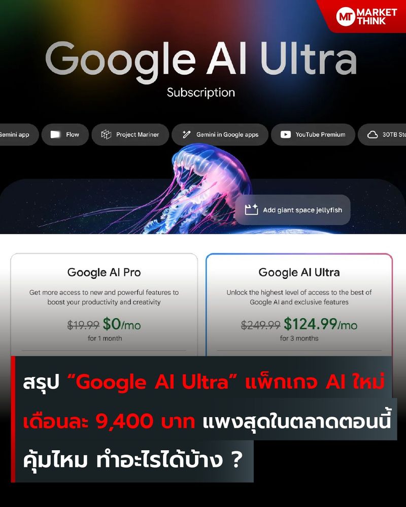 [MarketThink] สรุป “Google AI Ultra” แพ็กเกจ AI ใหม่ เดือนละ 9,400 บาท แพงสุดในตลาดตอนนี้ คุ้ม ...