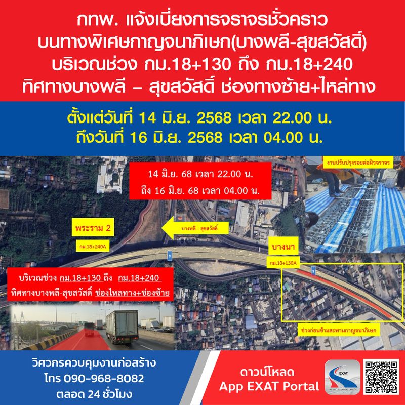 [Sutthikhun Kongthong] กทพ. แจ้งเบี่ยงการจราจรชั่วคราวบนทางพิเศษกาญจนาภิเษก (บางพลี-สุขสวัสดิ์ ...