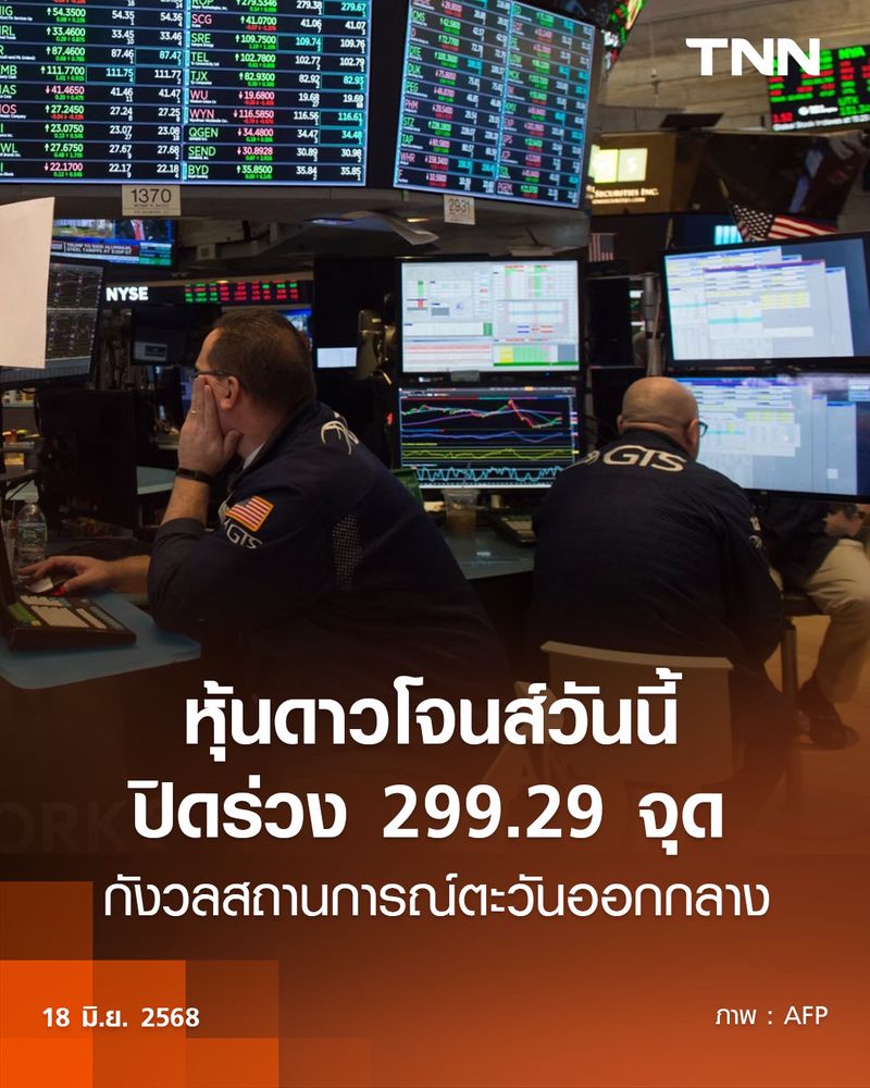 [TNN ONLINE] หุ้นดาวโจนส์วันนี้ 18 มิถุนายน 2568 ปิดร่วง 299.29 จุด กังวลสถานการณ์ตึงเครียดตะวัน ...