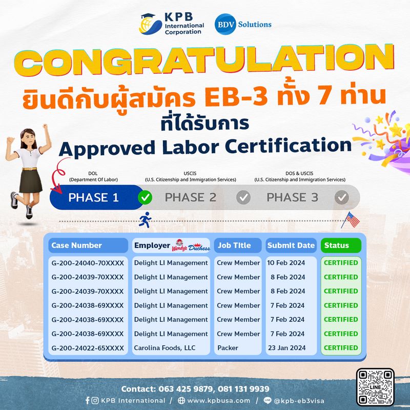 [KPB USA] สุดยอดข่าวดี🎉ยินดีกับผู้สมัคร EB-3 ของ KPB USA ทั้ง 7 ท่าน🎊💙 ที่ได้รับการอนุมัติ ...