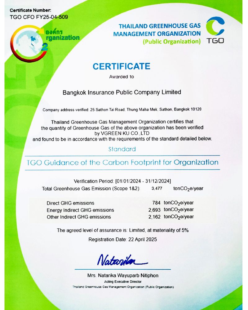 [Sutthikhun Kongthong] กรุงเทพประกันภัยได้รับประกาศนียบัตรเชิดชูเกียรติ “คาร์บอนฟุตพริ้นท์ของ ...