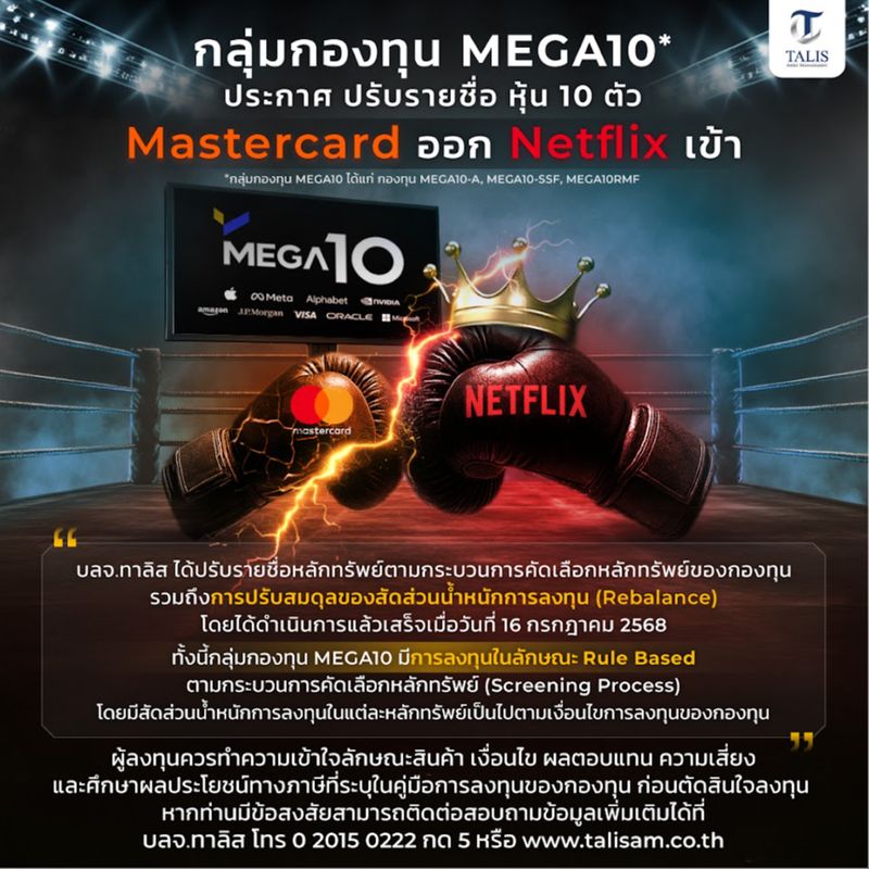 [ลงทุนแมน] กลุ่มกองทุน MEGA10* ประกาศปรับรายชื่อหุ้น 10 ตัว MASTERCARD ออก Netflix เข้า - บลจ.ทา ...
