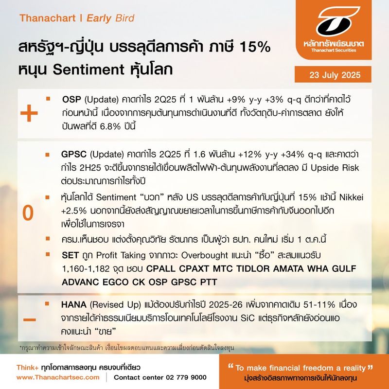 [Thanachart Securities ] Thanachart Early Bird: 23 Jul 2025 สรุปภาพตลาดเมื่อวันก่อน และกลยุทธ์ ...