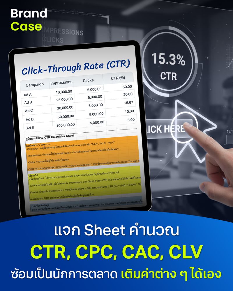 [BrandCase] แจก Sheet คำนวณ CTR, CPC, CAC, CLV ซ้อมเป็นนักการตลาด เติมค่าต่าง ๆ ได้เอง 1.Click ...